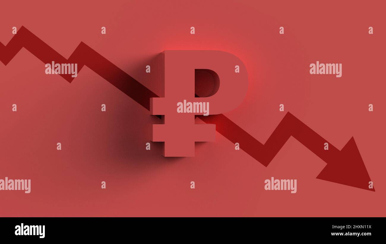 Conceptual 3d red russian ruble symbol with falling value collapse ...