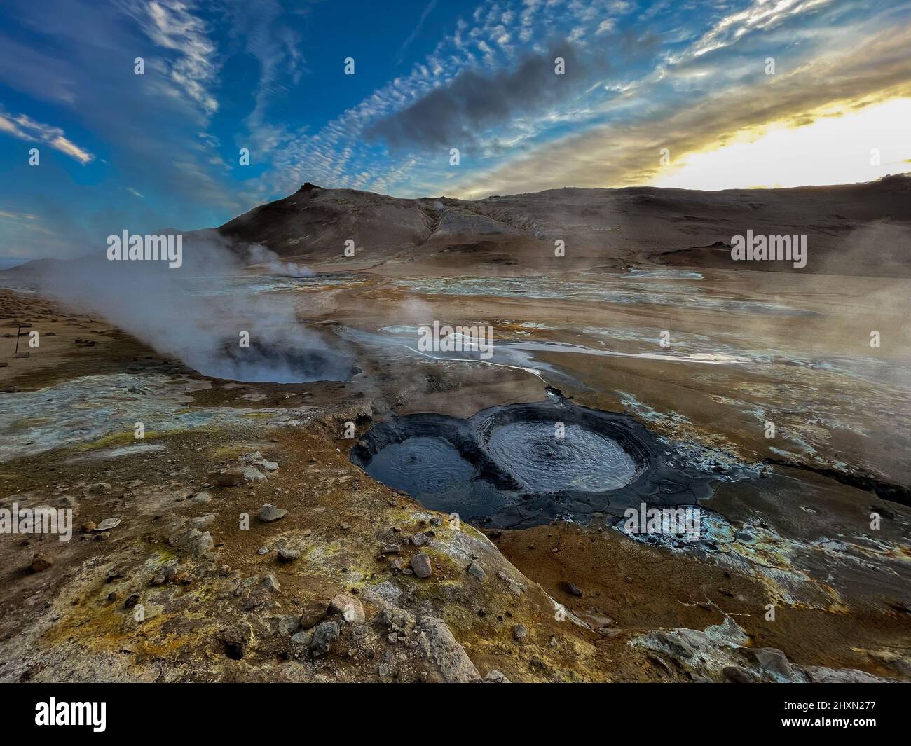 Beautiful aerial view of Namaskard Boiling mud geothermal volcano area ...