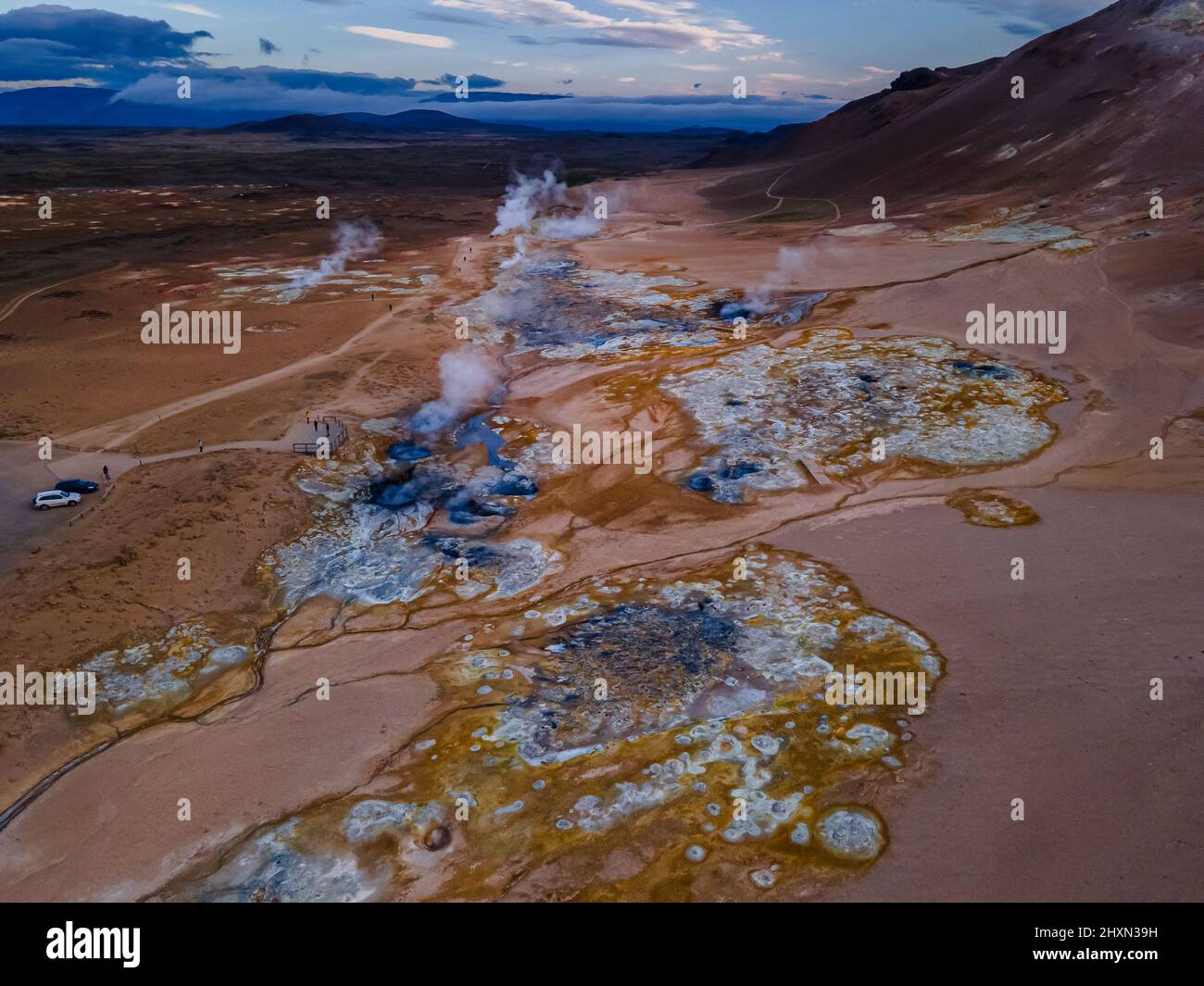 Beautiful aerial view of Namaskard Boiling mud geothermal volcano area ...