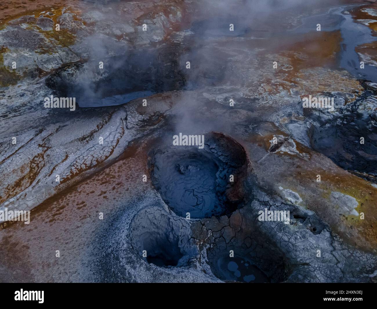 Beautiful aerial view of Namaskard Boiling mud geothermal volcano area ...