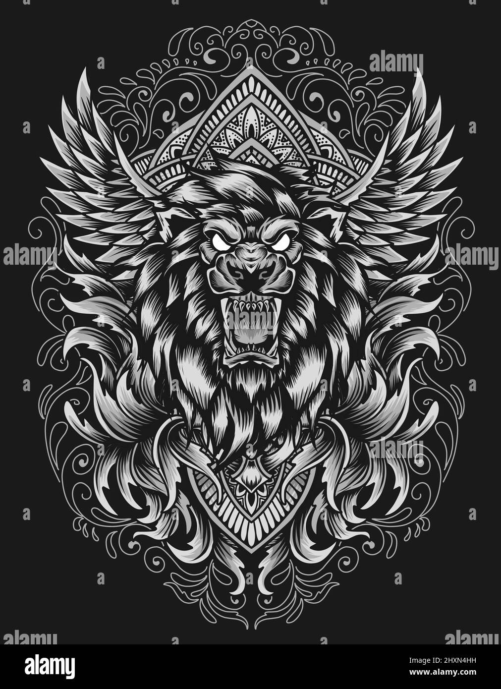 Illustration vector Lion head with vintage engraving ornament on black ...