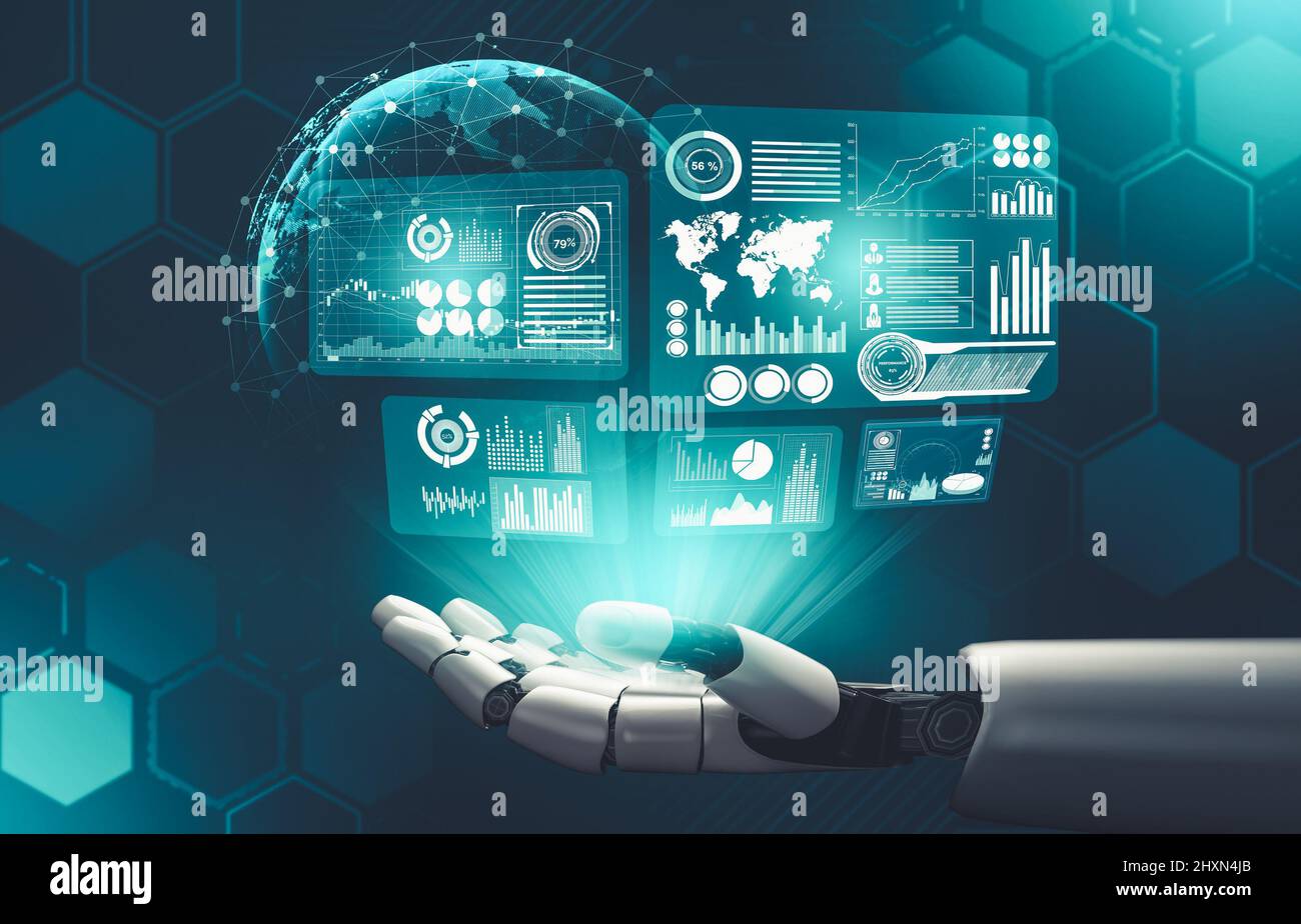 3D rendering futuristic droid robot technology development, artificial ...