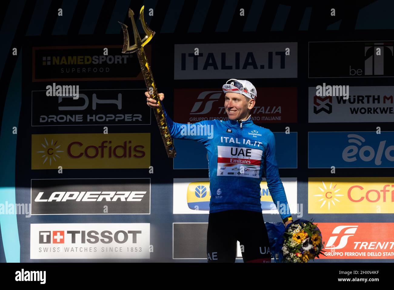 Tronto, Italy, 13/03/2022, Race winner Tadej Pogacar of Slovenia poses ...