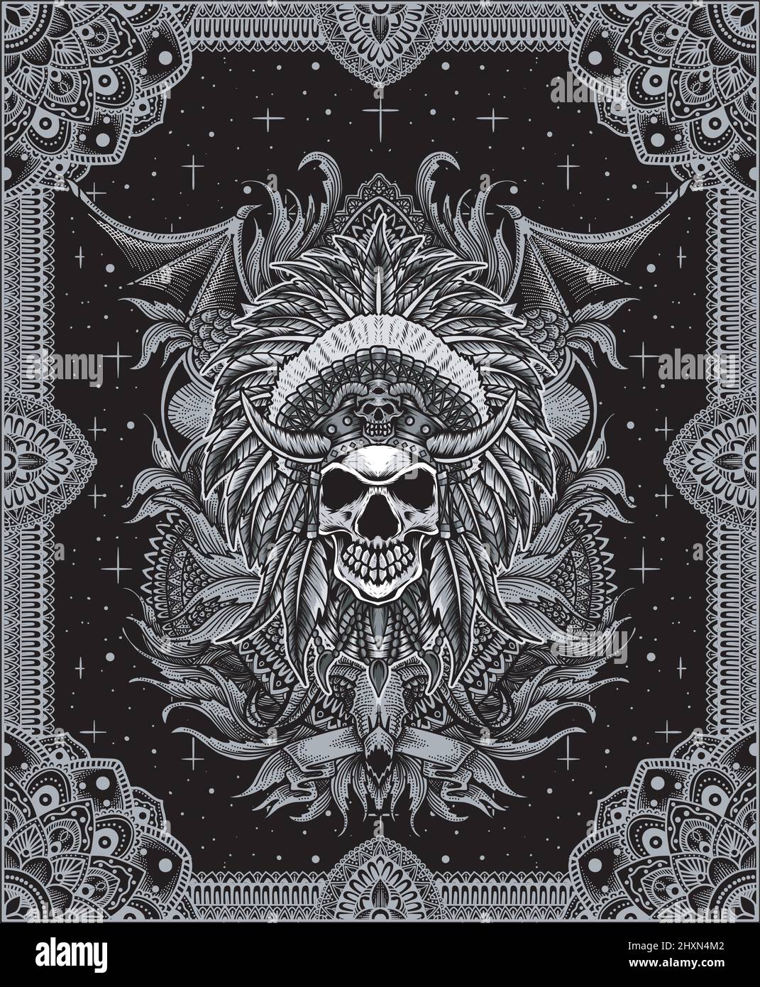 Illustration indian apache skull with vintage engraving ornament Stock ...