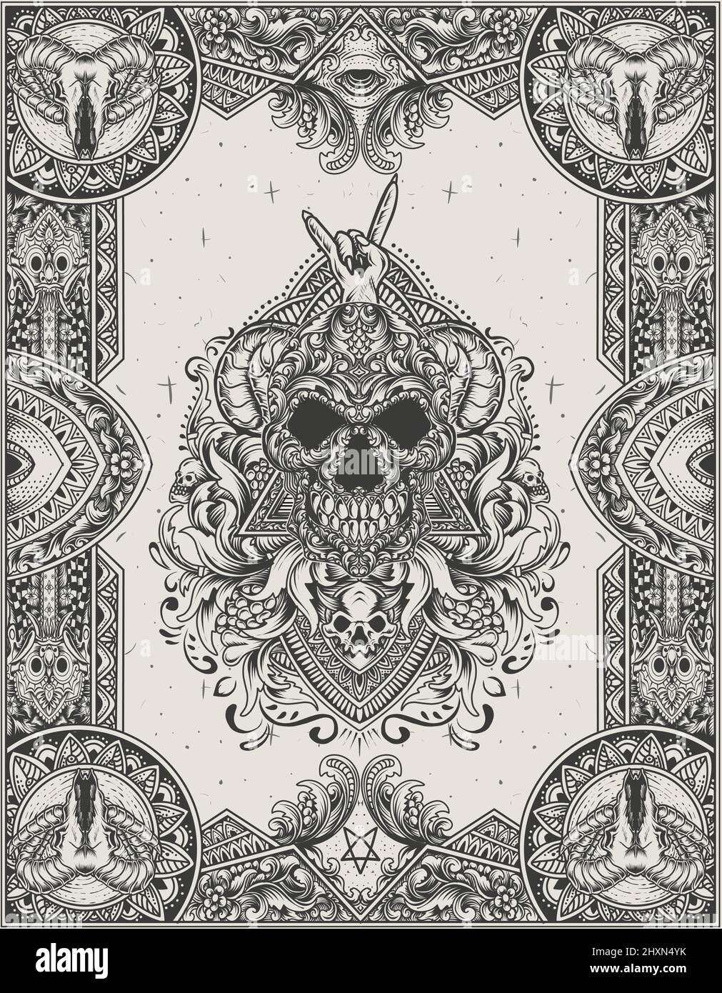 illustration vector skull head with antique engraving ornament style ...