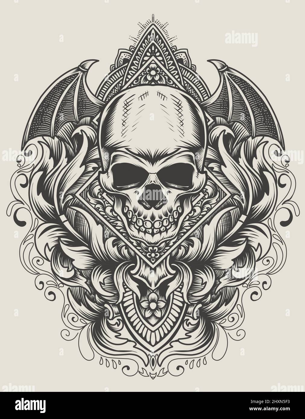 illustration demon skull head with antique engraving ornament Stock ...