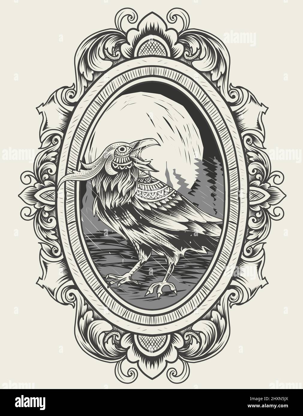 Illustration vector Crow bird with vintage engraving ornament Stock ...