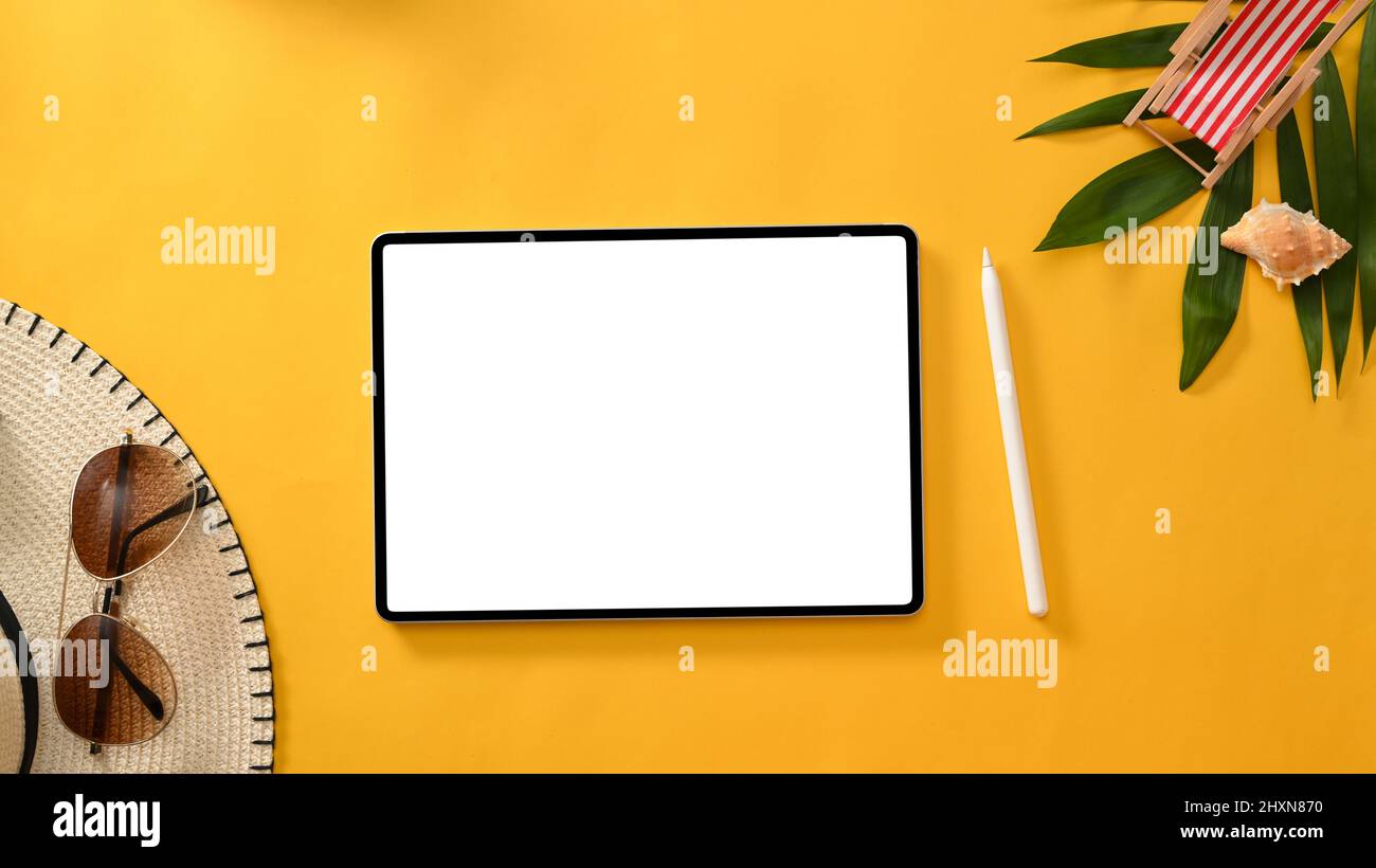 Summer vacation tropical composition background with digital tablet ...