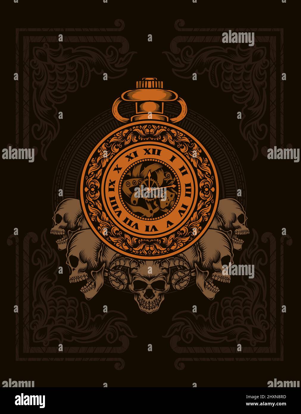 illustration vintage clock with skull head Stock Vector Image & Art - Alamy