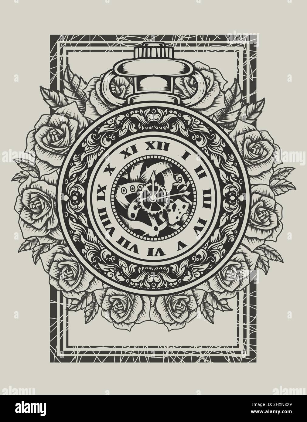 illustration vintage clock with rose flower Stock Vector Image & Art ...