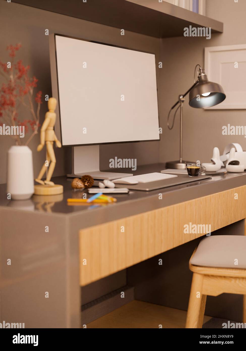 Close-up, rear view, Modern contemporary home working table with pc ...