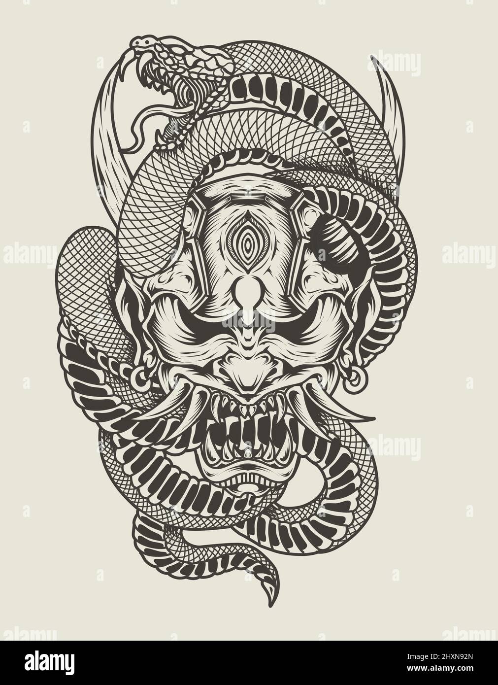 illustration red oni mask with snake monochrome style Stock Vector ...