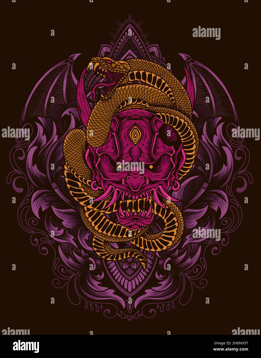 illustration red oni mask with snake and engraving ornament Stock ...