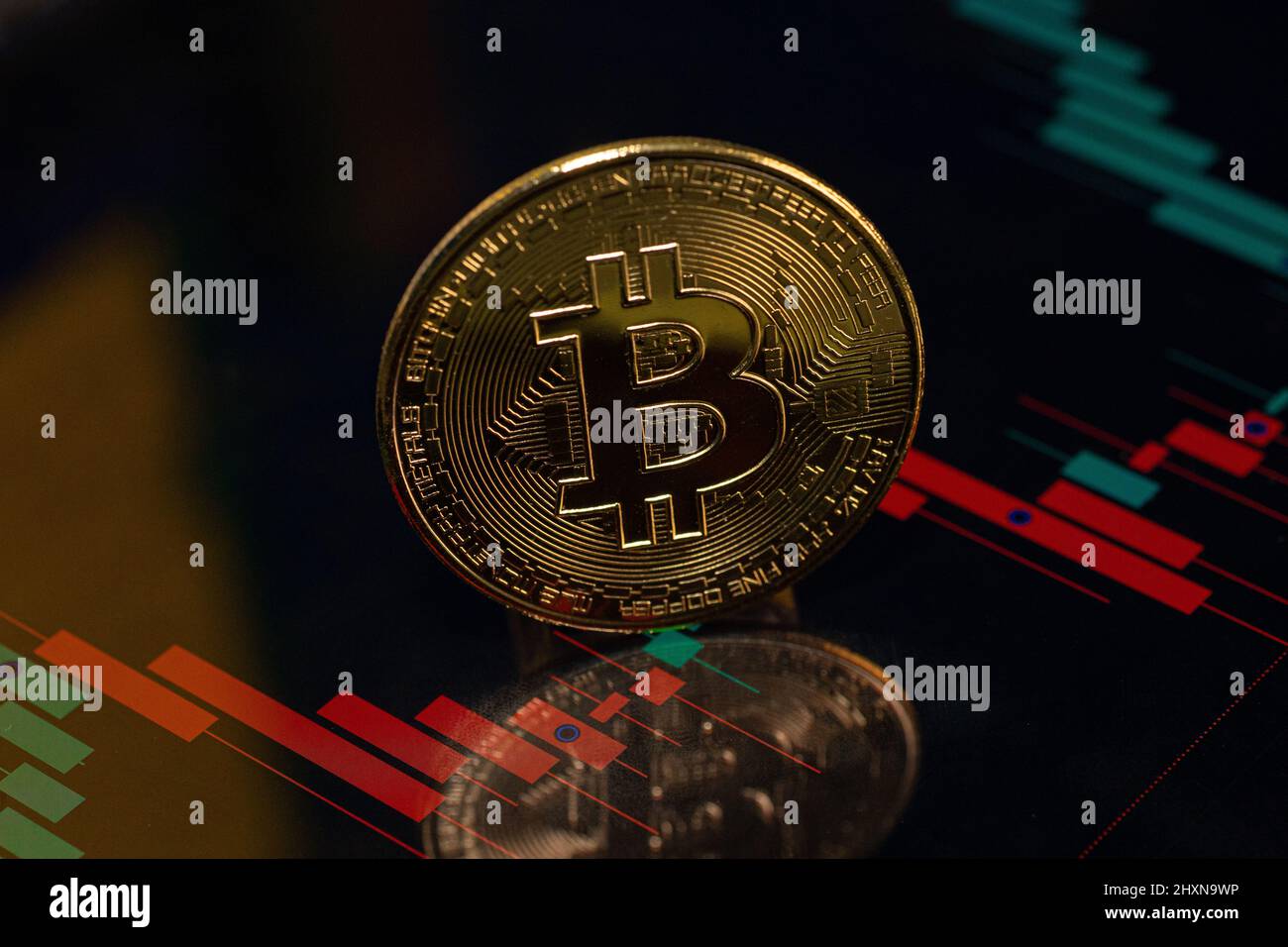 Golden Bitcoin token with candlestick chart background. Digital ...
