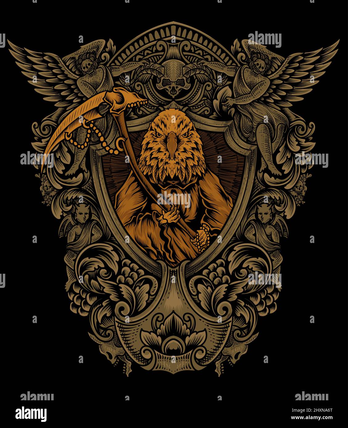illustration eagle death angel with vintage engraving ornament Stock ...