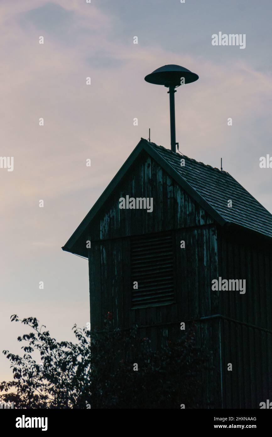 Germany air raid siren on a roof of a wooden tower for catastrophic and ...