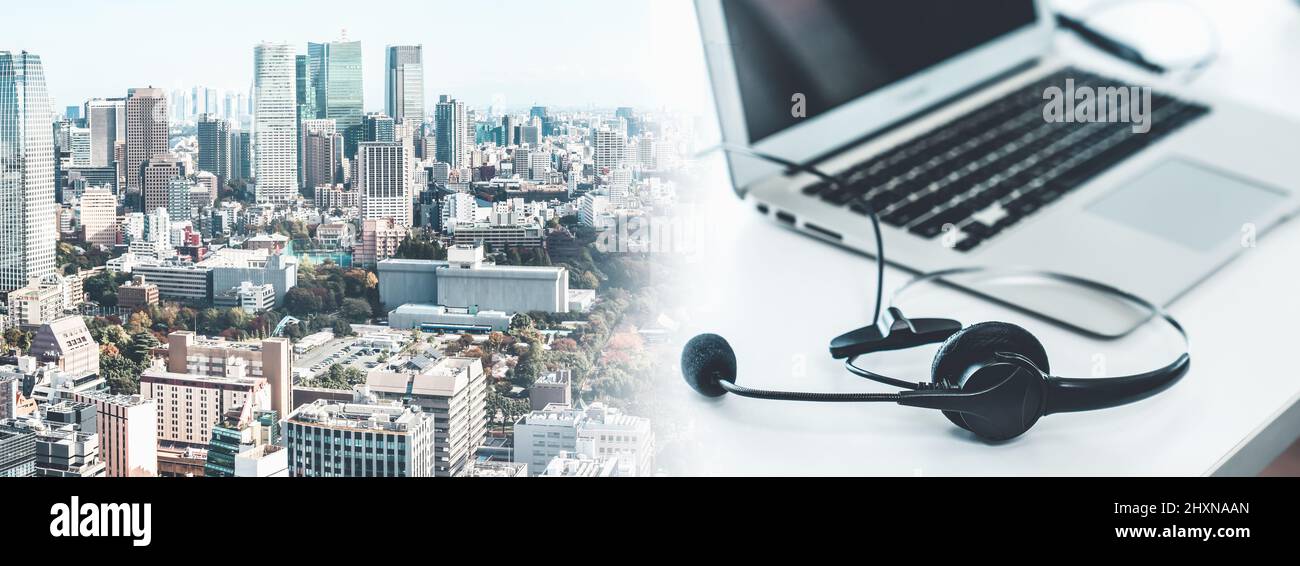 Headset and customer support equipment at call center ready for ...