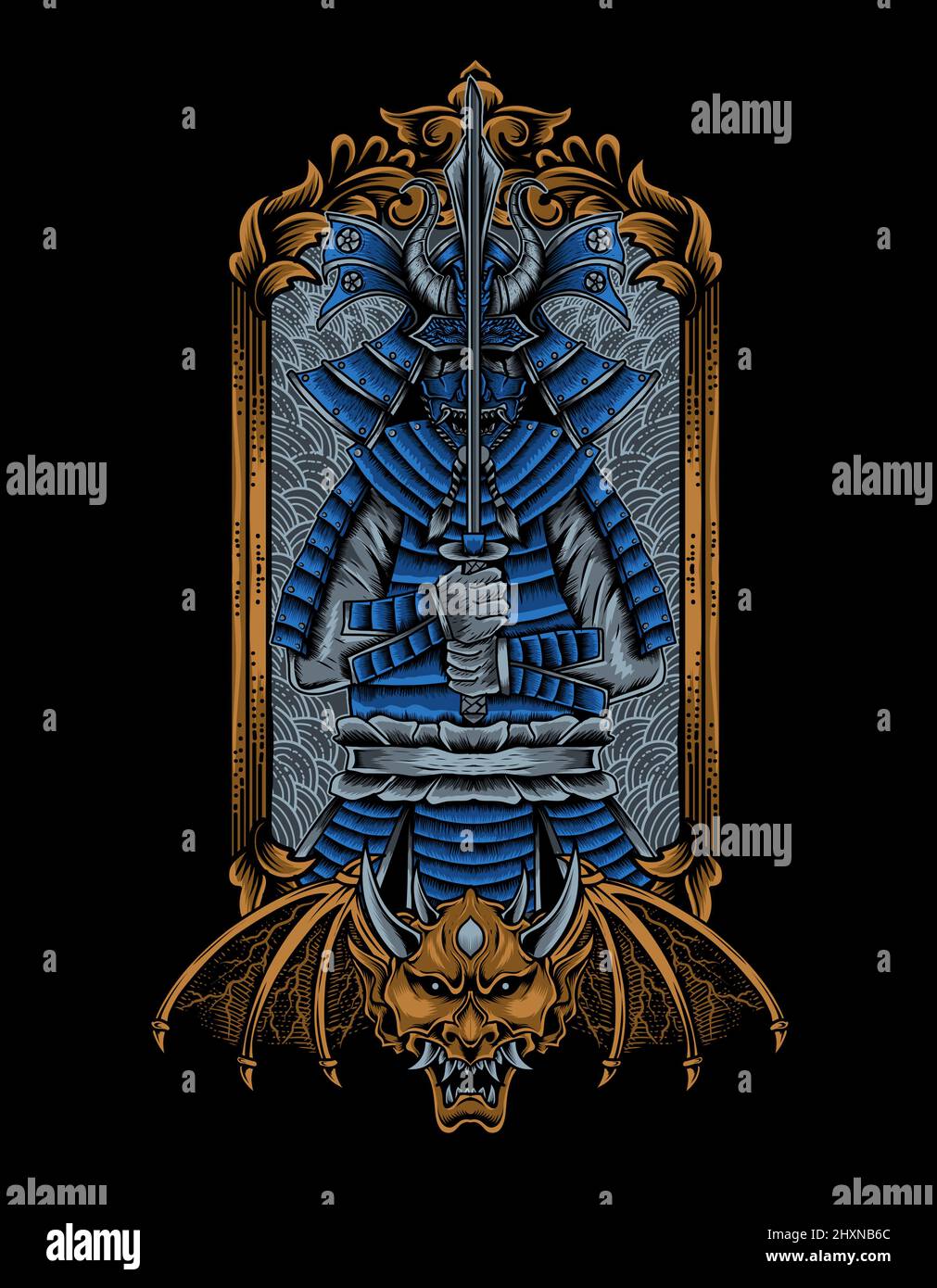 illustration samurai warriors on engraving frame Stock Vector Image ...