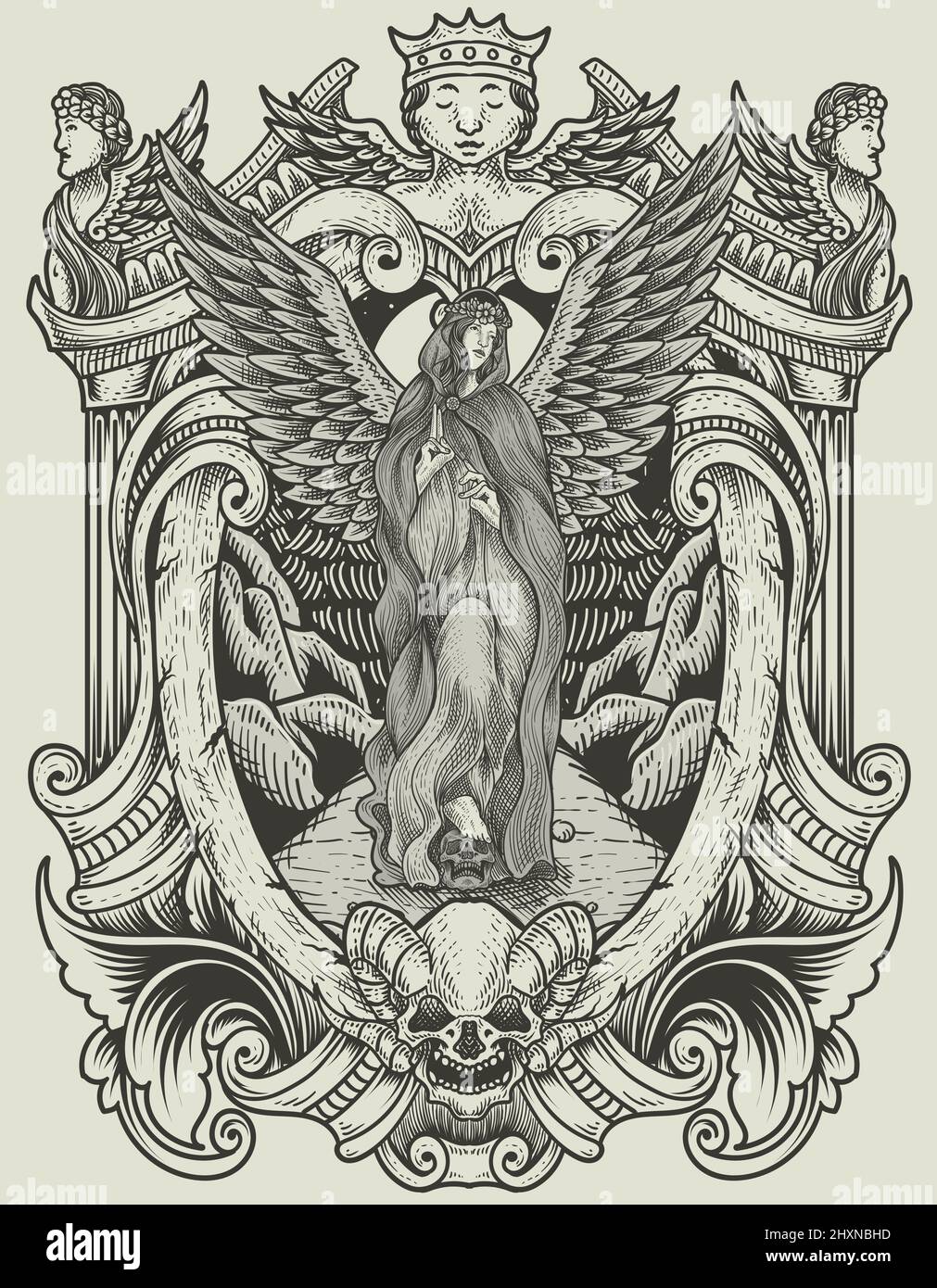 illustration vintage angel with engraving ornament style Stock Vector ...
