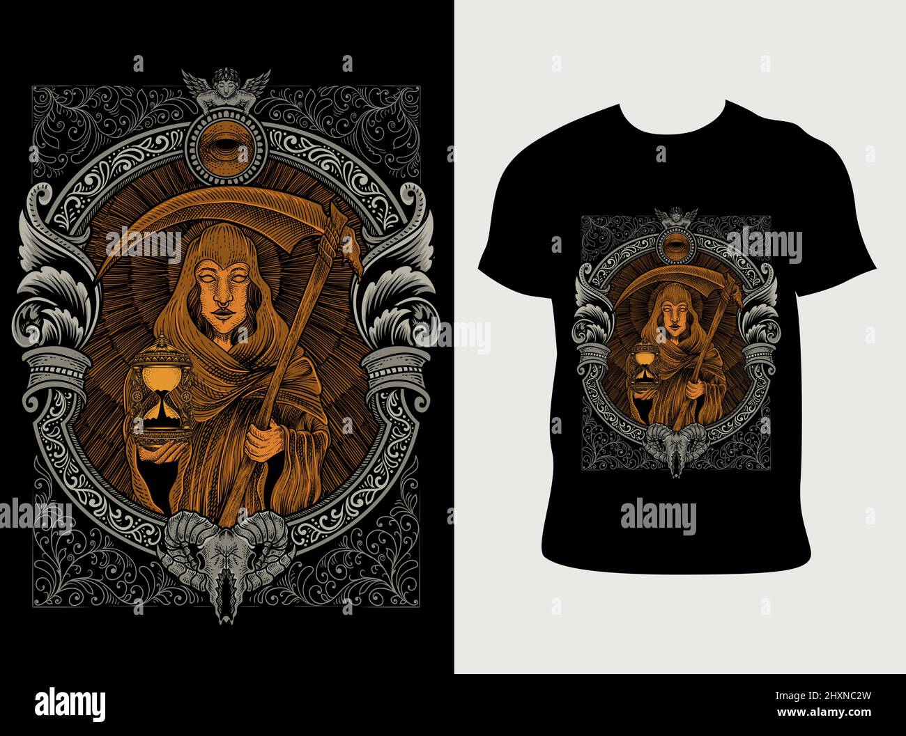 illustration death angel woman with engraving ornament style Stock ...