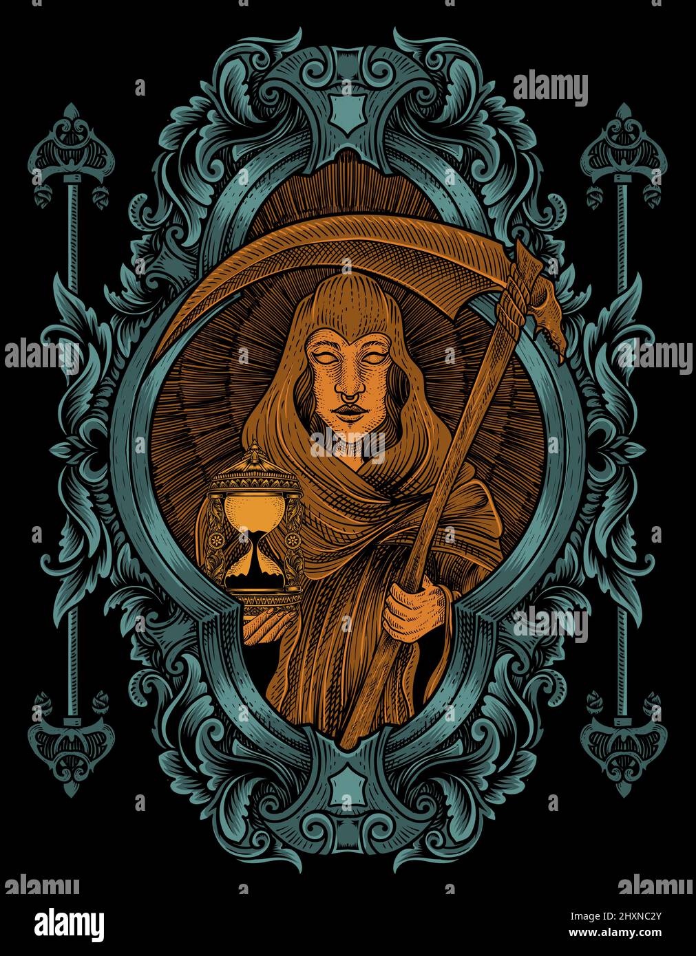 illustration death angel woman with engraving ornament style Stock ...
