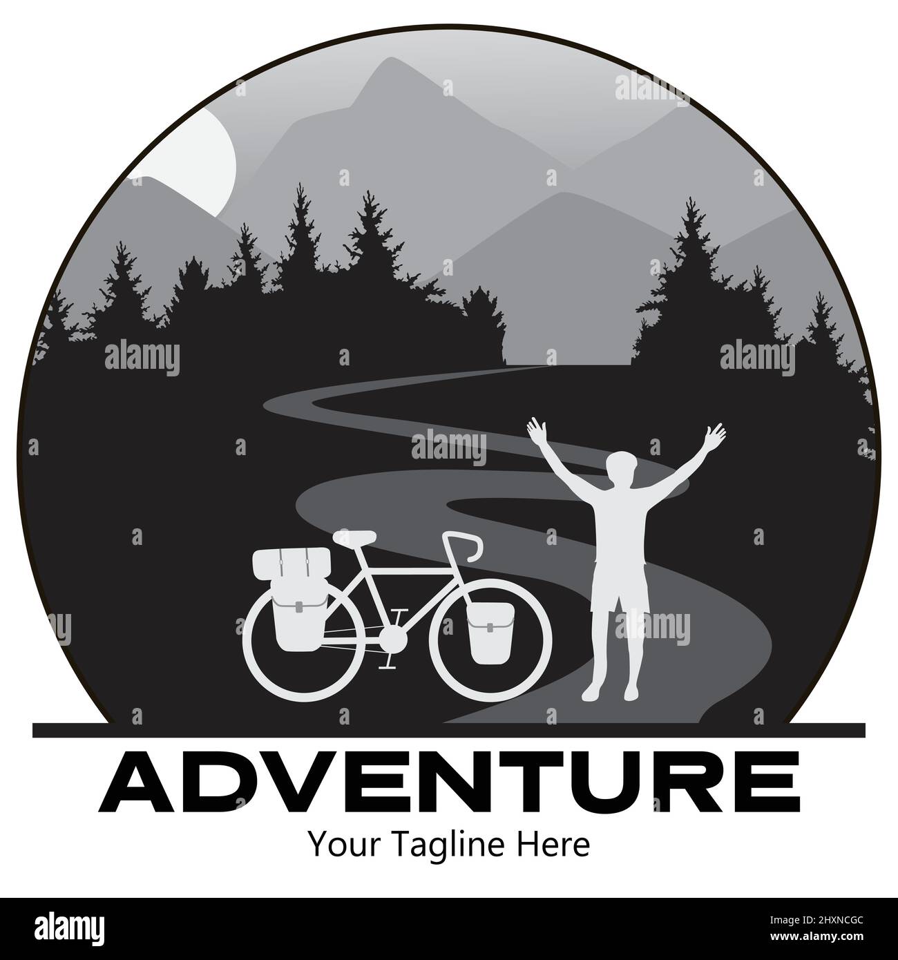 Rider raise hand with touring bike with bikepacking bags and tent on ...