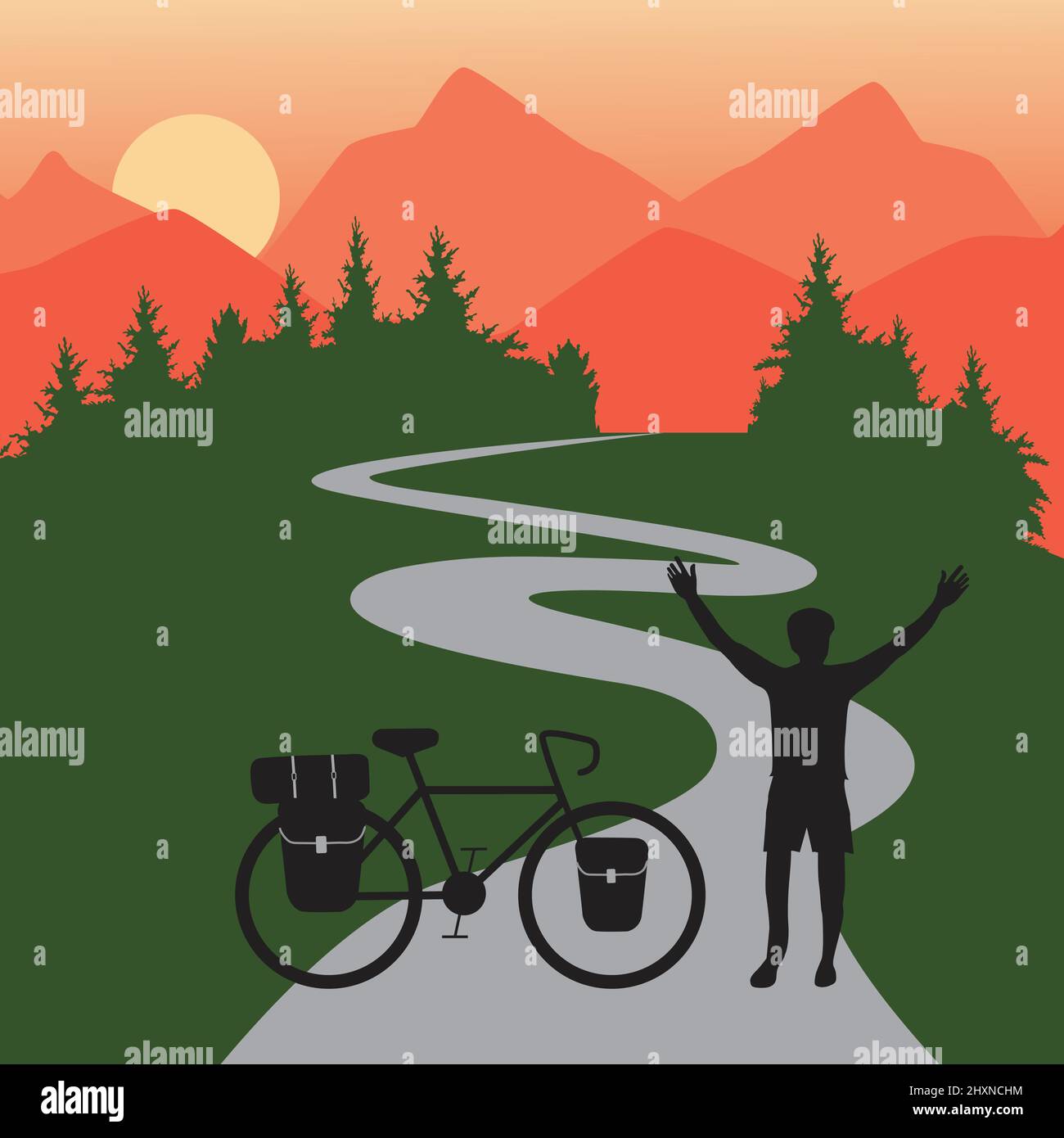 Rider raise hand with touring bike with bikepacking bags and tent on ...