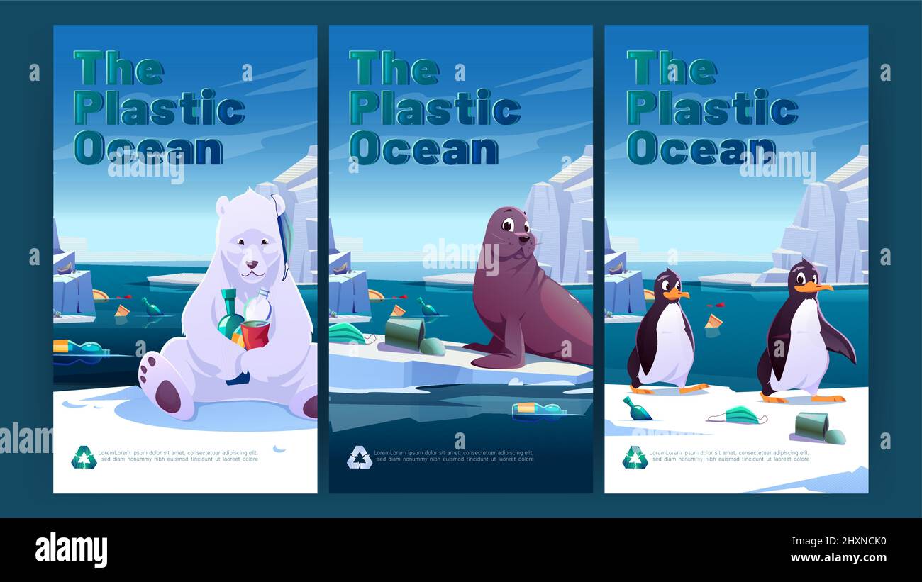 Plastic ocean banners with polar bear, seal and penguins on glacier and ...