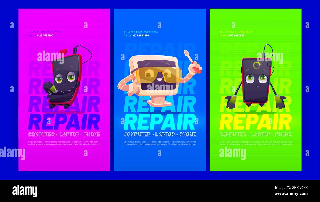 Repair service posters with smartphone and computer under renovation ...