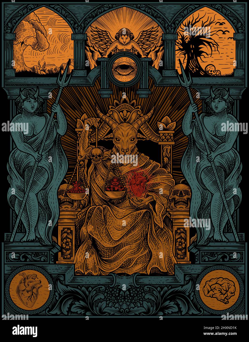 illustration king satan on gothic engraving ornament style Stock Vector ...