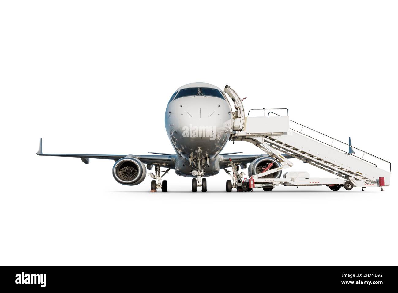 Front view of the passenger airliner with boarding ramp isolated on ...