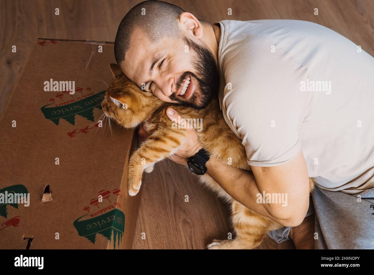 Man lovingly embracing purebred cat. True friendship between man and ...