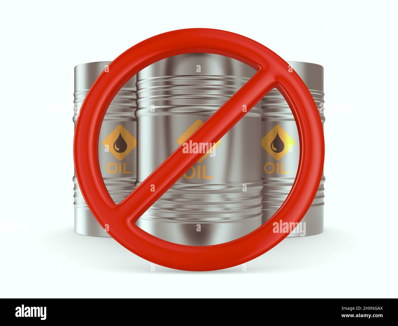 forbidden sign and three metallic barrels on white background. Isolated ...