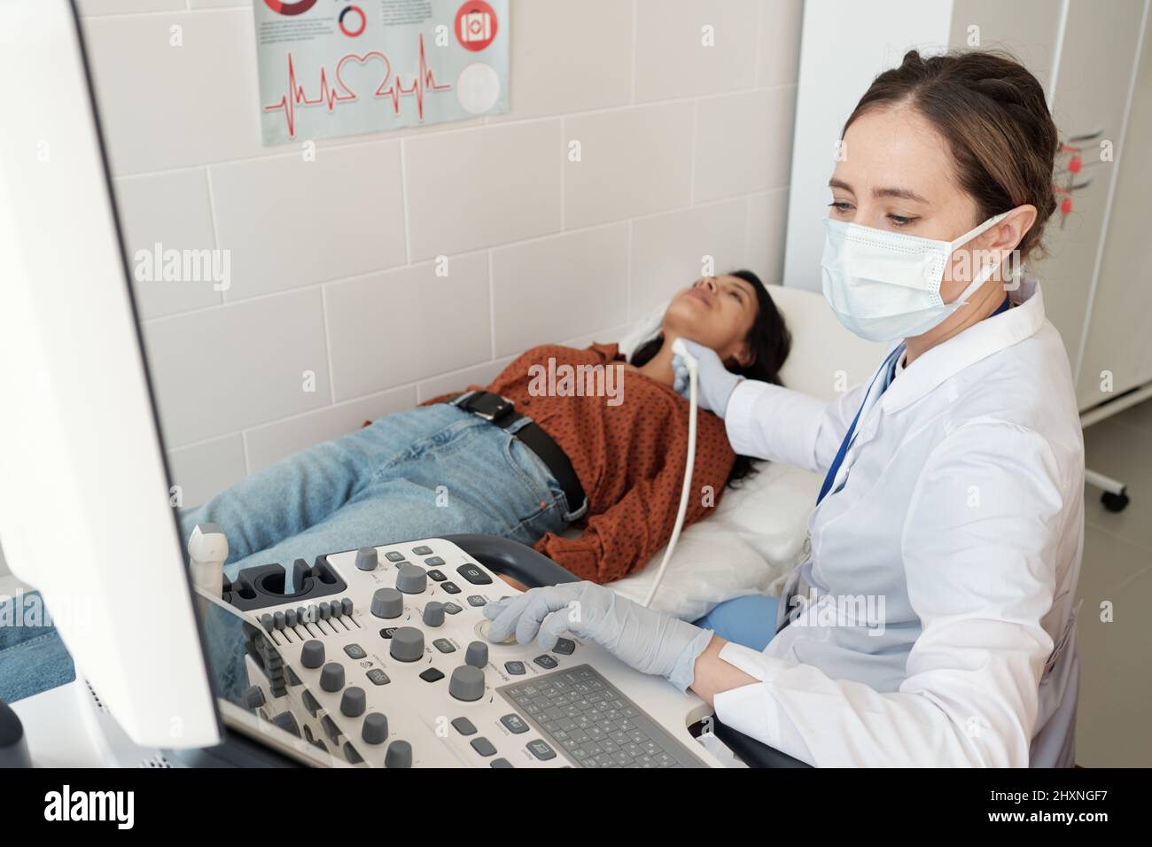 Female Endocrinologist In Whitecoat And Mask Sitting By Ultrasound