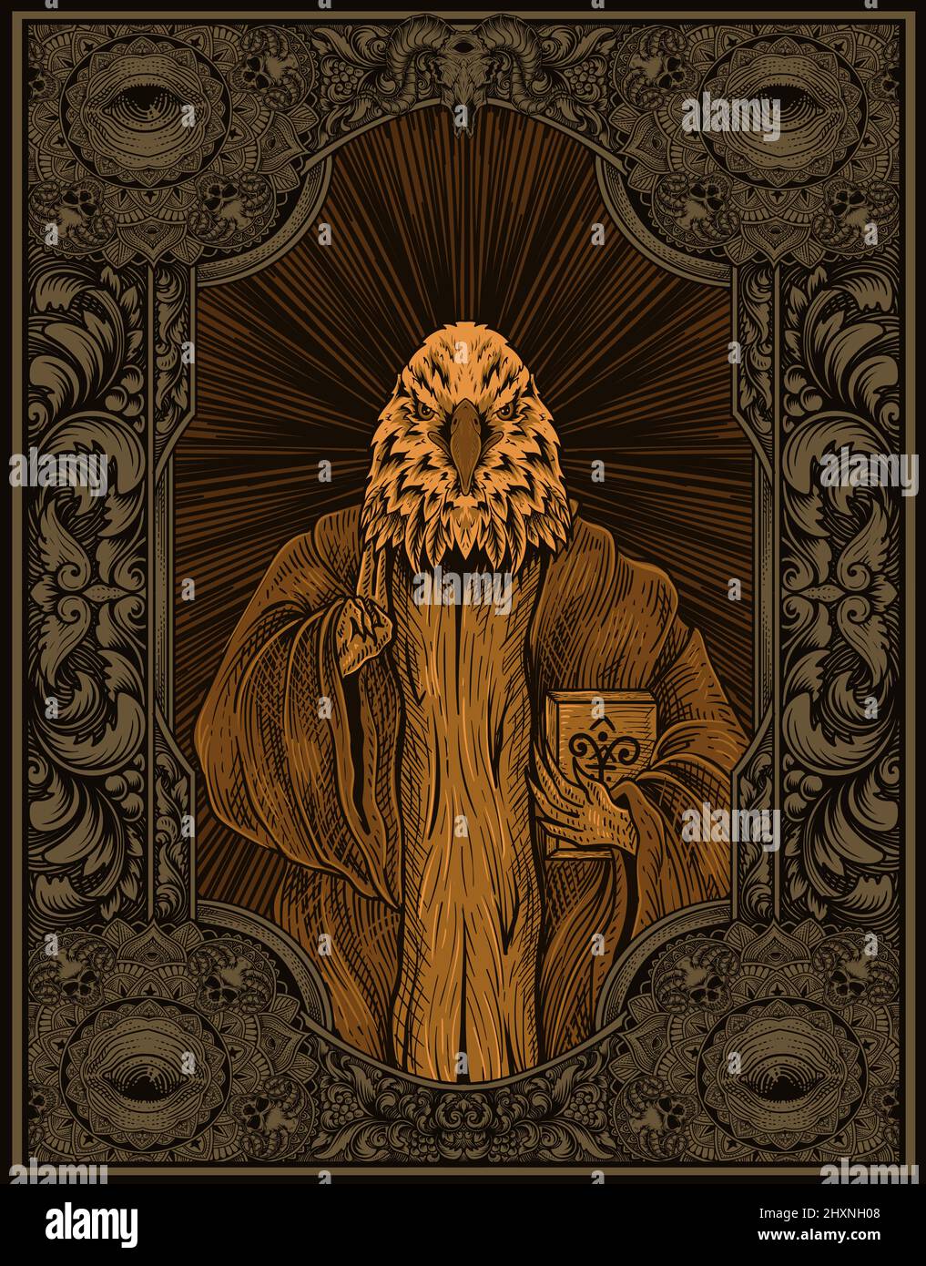 illustration scary eagle satan on engraving ornament frame Stock Vector ...