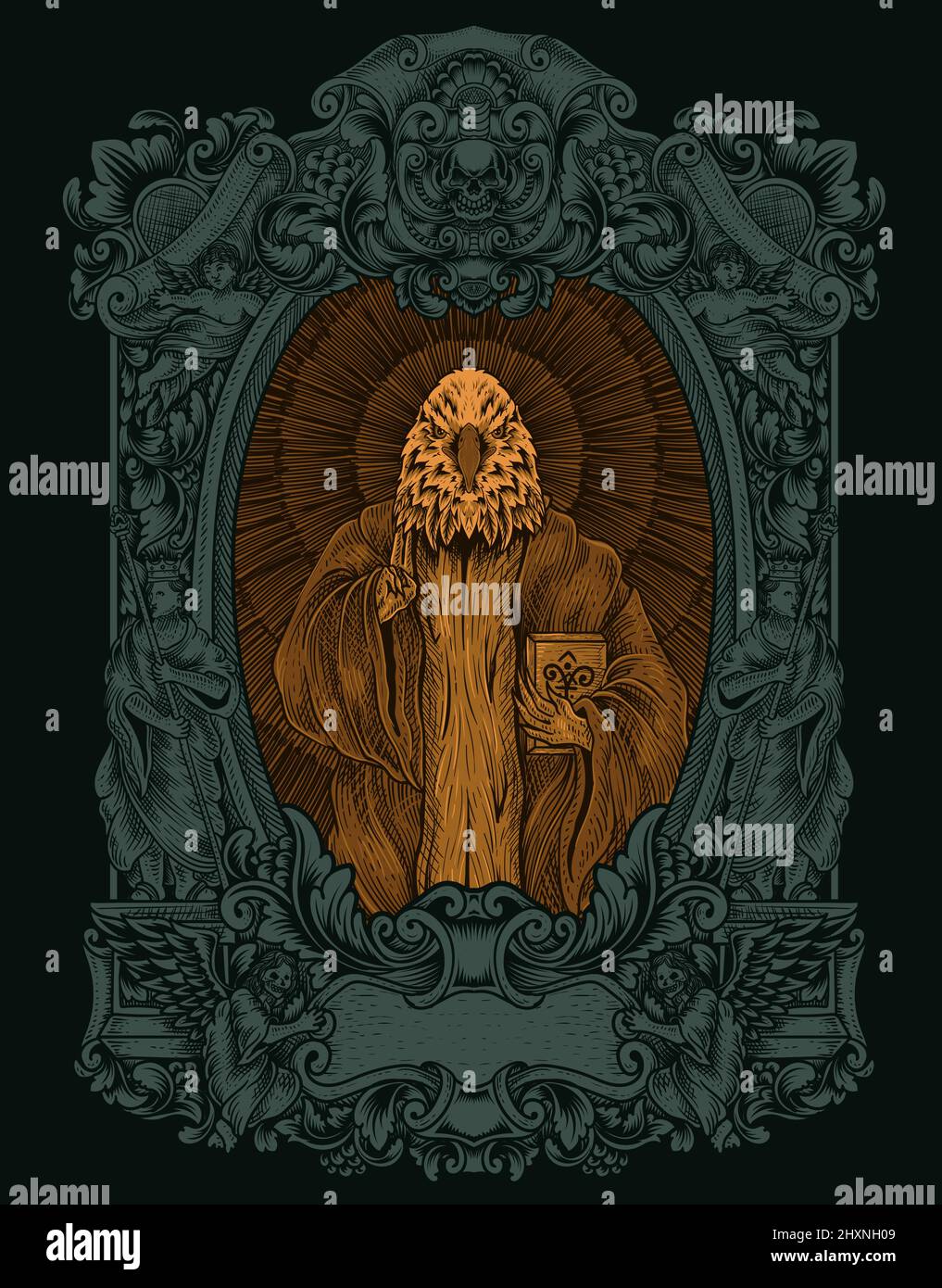 illustration scary eagle satan on engraving ornament frame Stock Vector ...