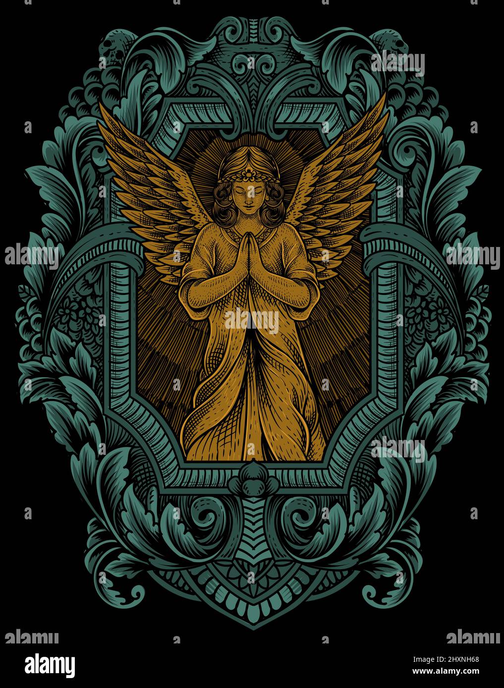 illustration angel praying with vintage engraving frame Stock Vector ...