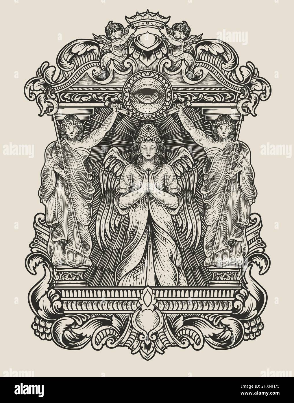 illustration angel praying with vintage engraving frame Stock Vector ...