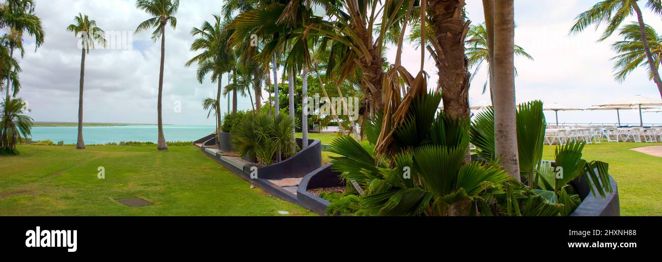 Exotic tropical palm fringed Roebuck Bay land scape of Broome North ...