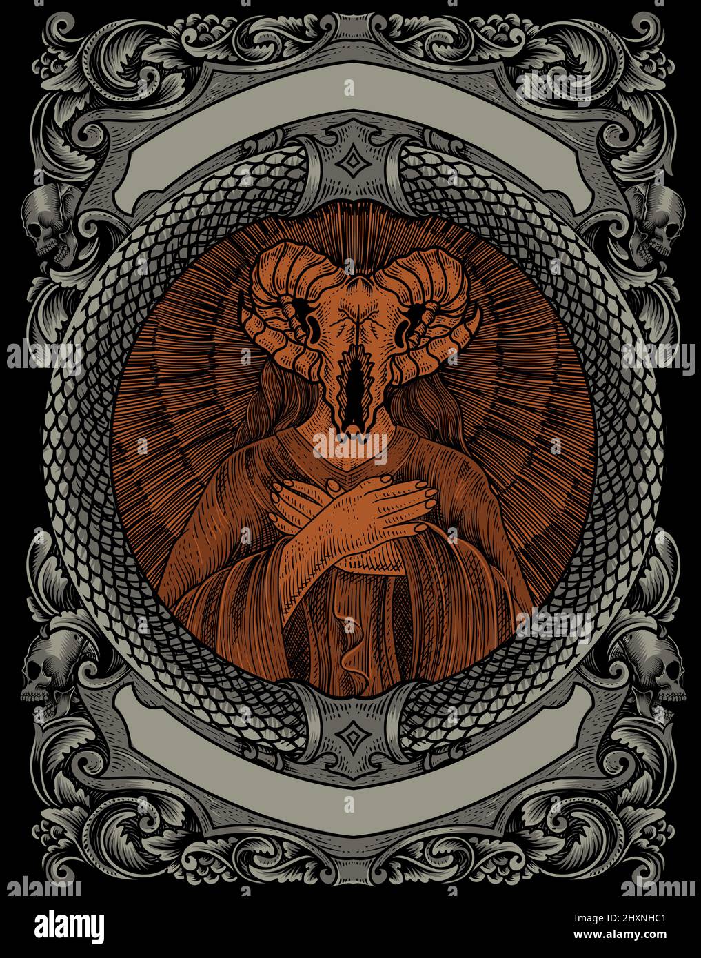 illustration satan goat skull with engraving ornament frame Stock ...