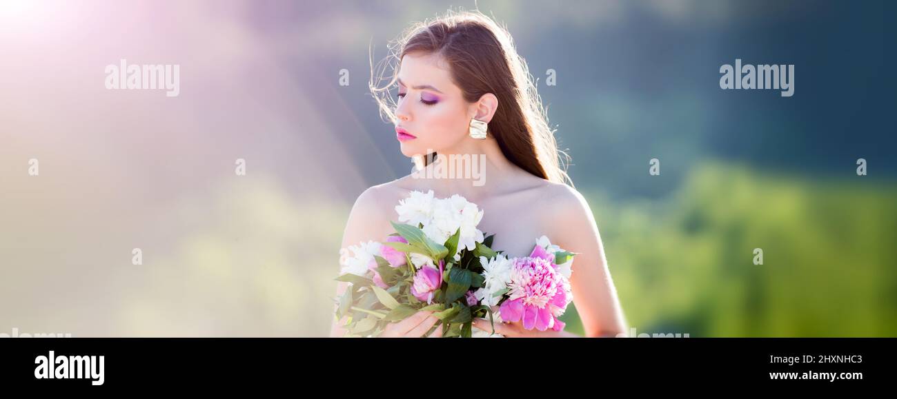 Beauty spring woman face. Happy beautiful young girl relaxing in ...