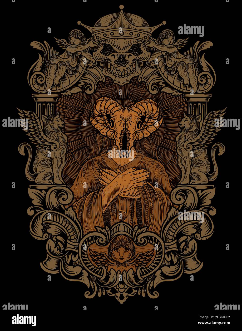 illustration satan goat skull with engraving ornament frame Stock ...
