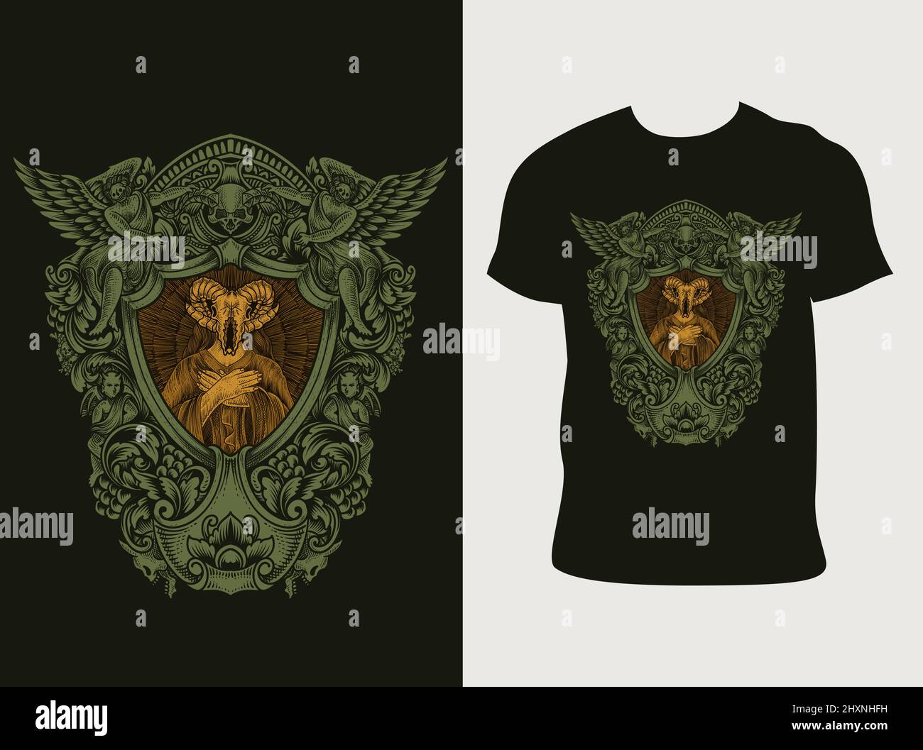 illustration satan goat skull with engraving ornament frame Stock ...