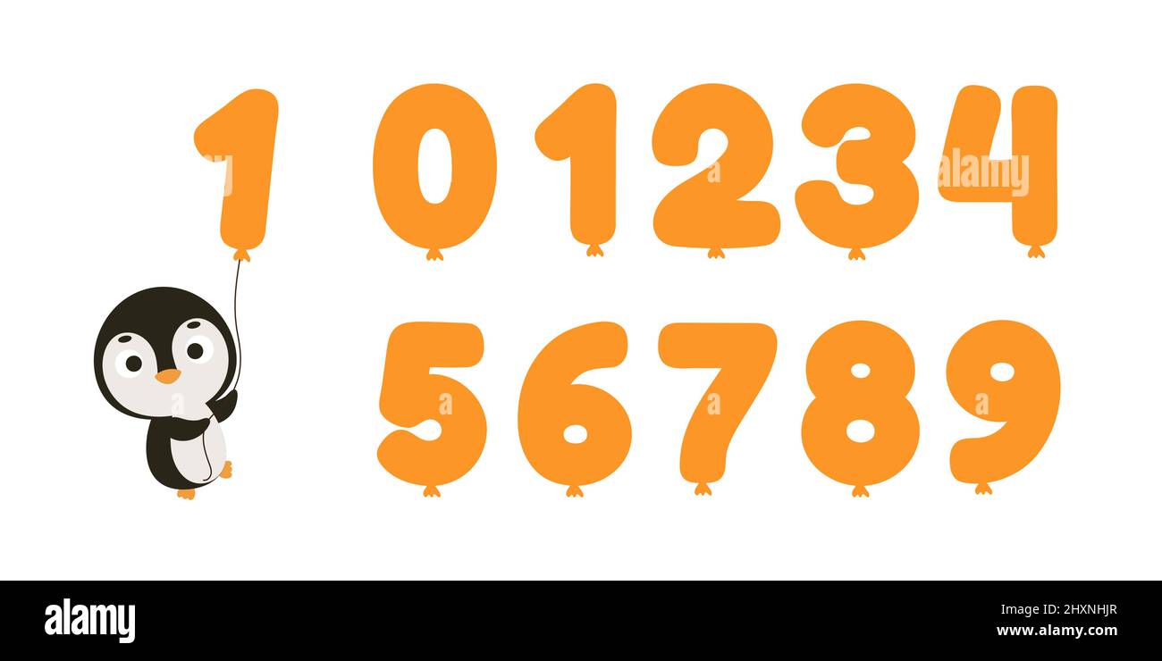 Cute little penguin flying on balloon. Balloon numbers zero to nine ...