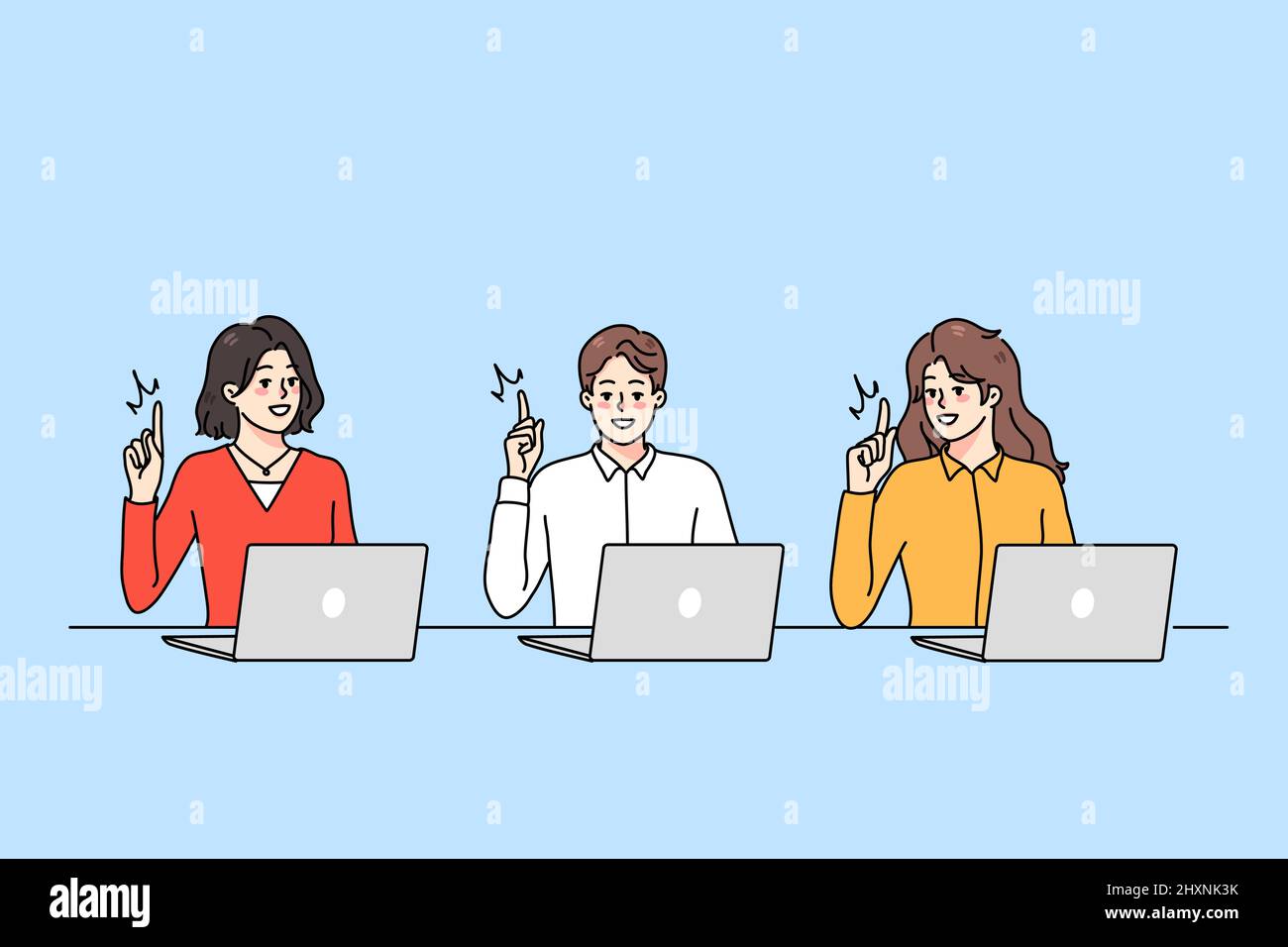 Smiling diverse people working on computer online brainstorm generate ...