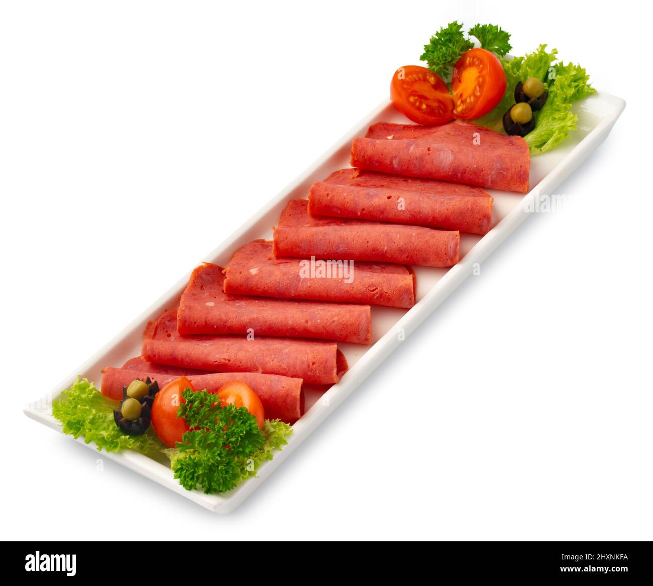 Cold smoked meat plate with salad leaves isolated on white Stock Photo ...