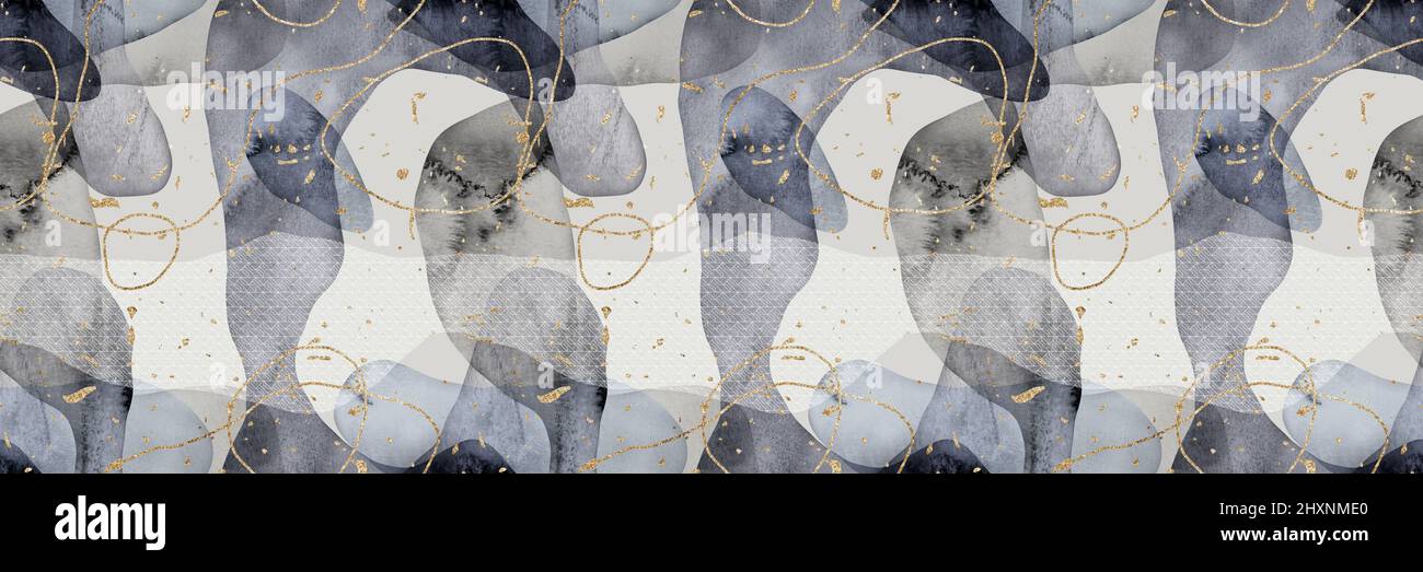 Seamless watercolor abstract organic blob shape overlay w gold lines ...