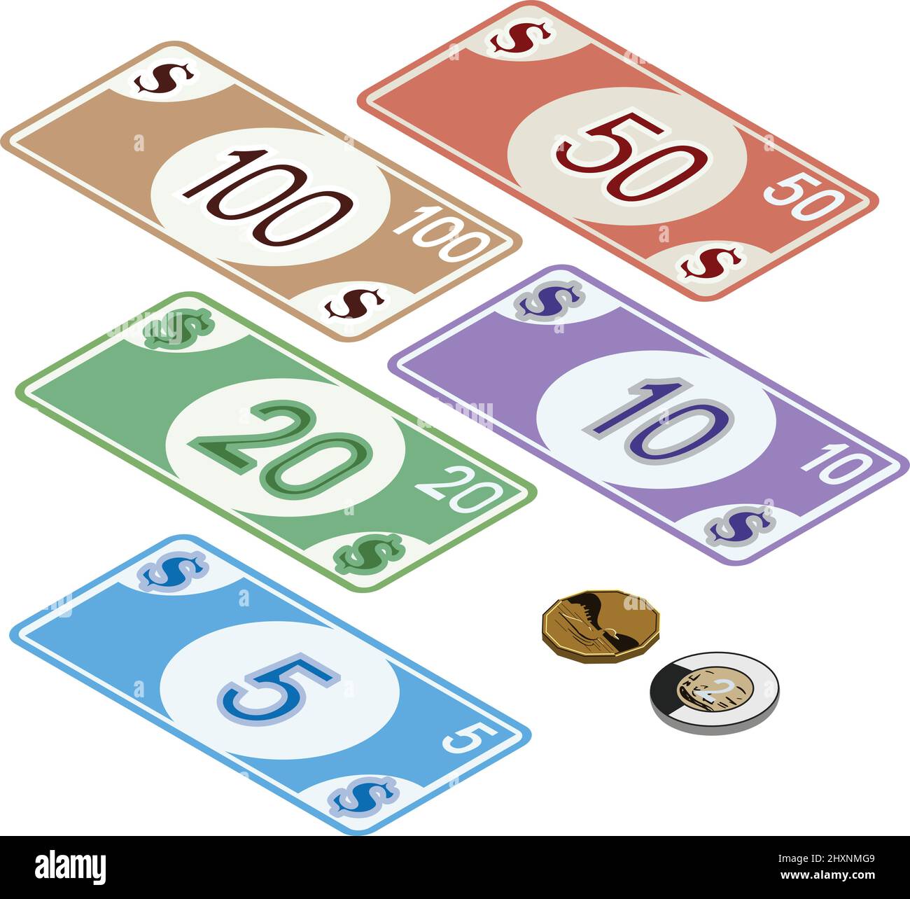 American oney, bills 5, 10, 20, 50 & 100, coins 1 & 2 dollars. Full ...