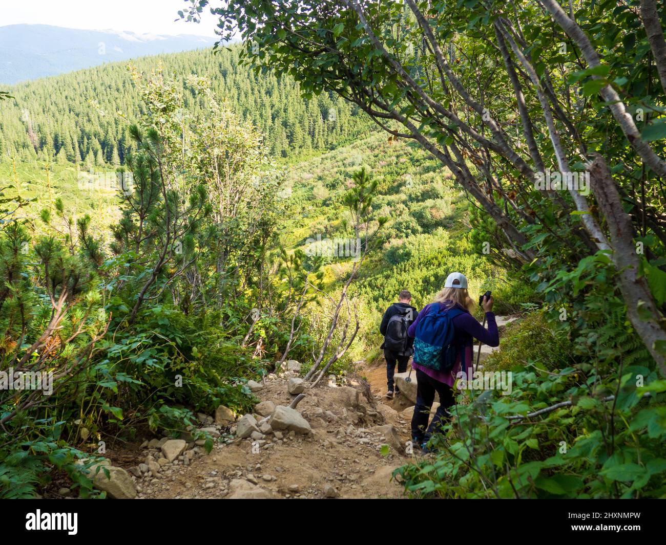 Woman tackling the steep and rugged descent from top of the mountain ...