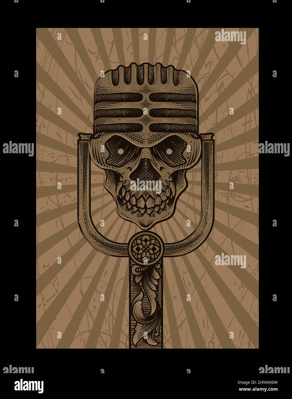 illustration antique skull microphone with engraving style Stock Vector ...